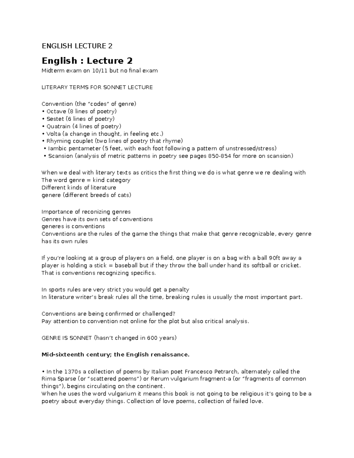 ENGLISH 101: LECTURE 2 MIDTERM EXAM ON SONNET LITERARY TERMS - Studocu
