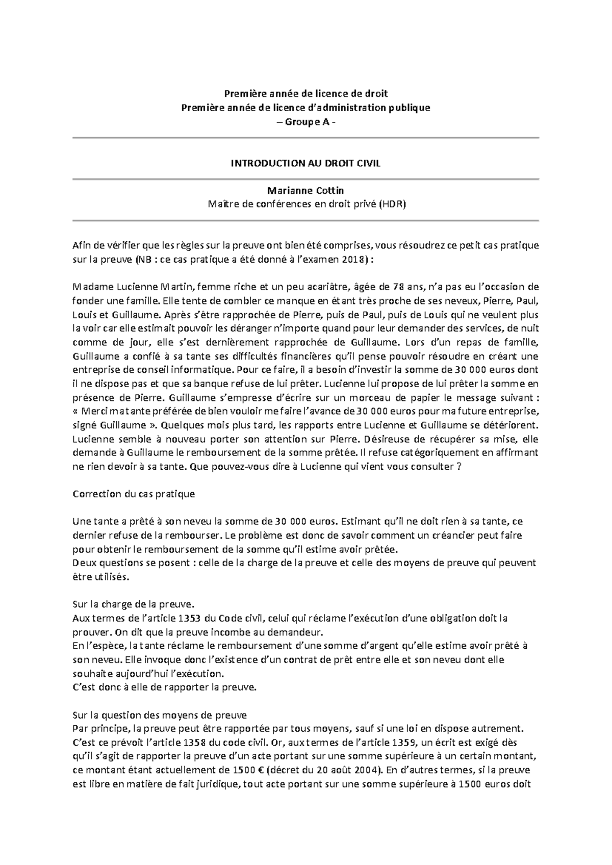 Cas Pratique sur la Preuve: Analyse et Correction de 2018 - Droit Civil ...