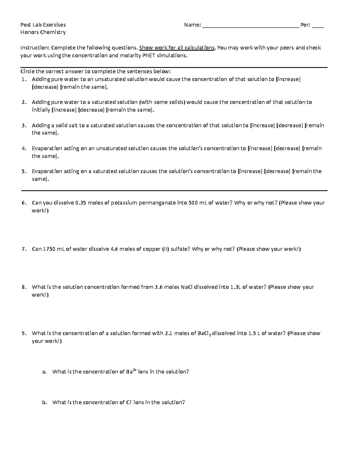 Concentration & Molarity Post Lab Exercises - Honors Chem - Studocu