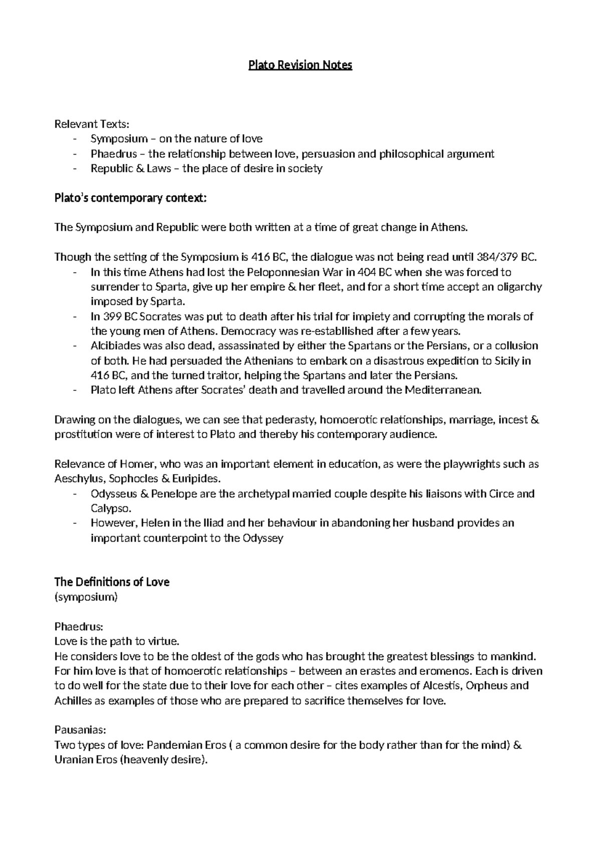 Plato PHI 101: Comprehensive Revision Notes on Love and Desire - Studocu