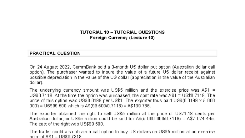 L10 Tutorial Questions: Foreign Currency Options Analysis - Studocu