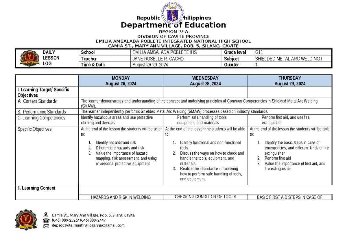 TLE - SMAW Grade 11 DLL Q1 WEEK 5 Cacho, JANE Roselle - Department of ...
