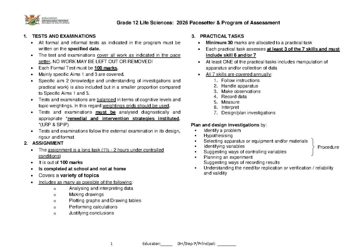 Grade 12 Life Sciences: 2026 Pacesetter Assessment Overview - Studocu