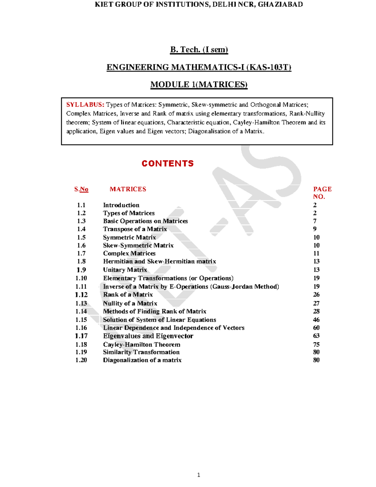 B. Tech. Engineering Mathematics-I (KAS-103T) Module 1 Notes: Matrices ...