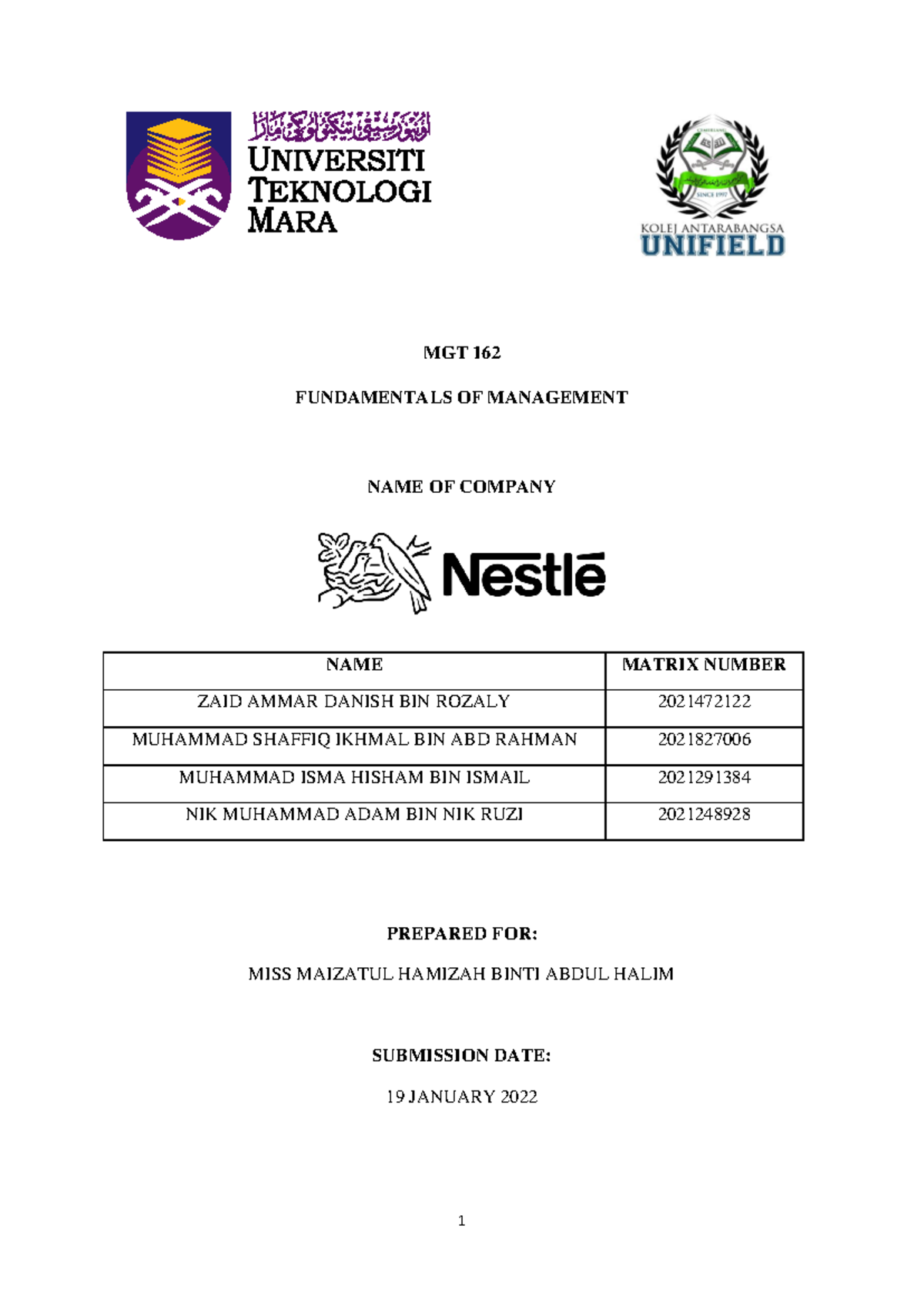 MGT 162 Group 2 Project on Nestlé: Management Fundamentals Assignment ...