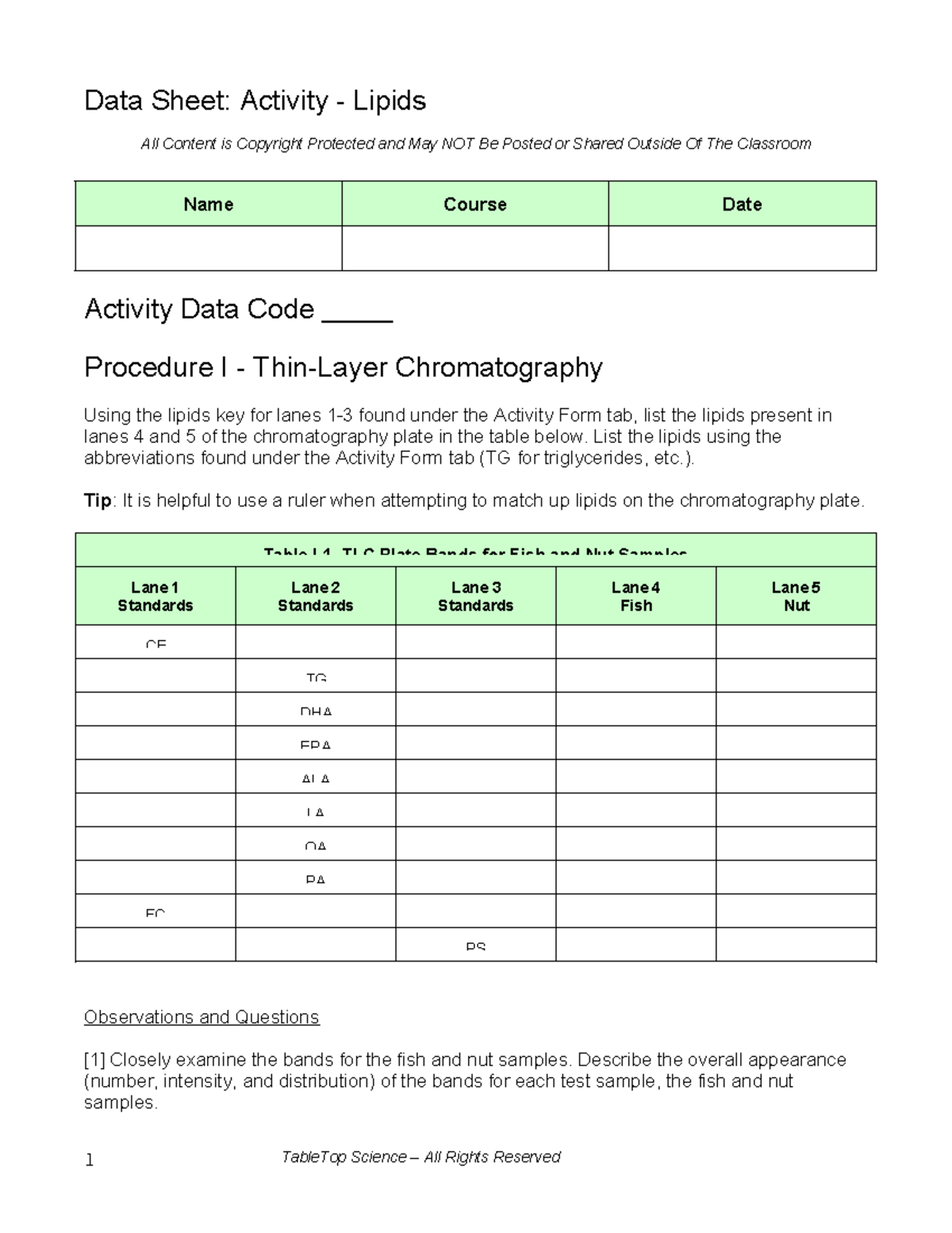 Activity - Lipids and TLC Analysis for Course [Course Code] - Studocu