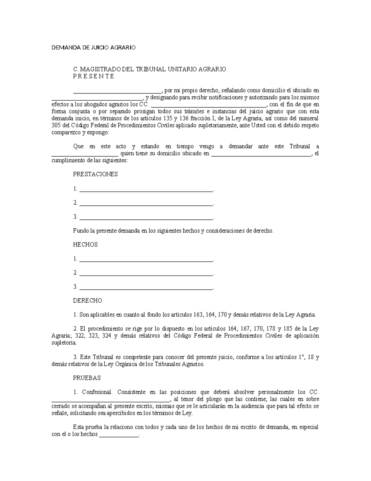 Demanda de juicio agrario - DEMANDA DE JUICIO AGRARIO C. MAGISTRADO DEL ...