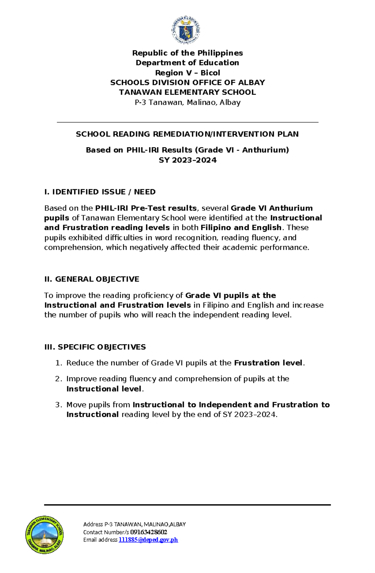 Remediation Plan for Grade VI Reading Proficiency (PHI-IRI 23-24) - Studocu