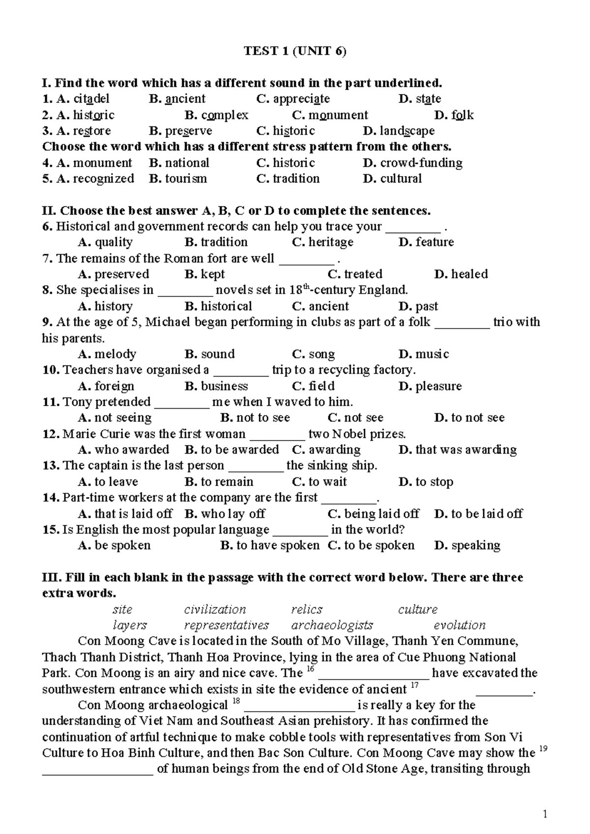 UNIT 6 - TEST 1 - Vocabulary & Grammar Practice - sasac - Studocu