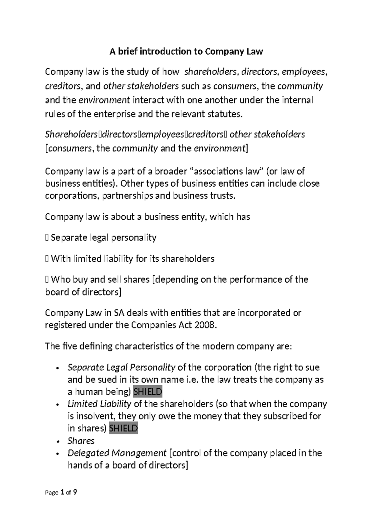 Company Law - A Comprehensive Introduction to Corporate Structure - Studocu
