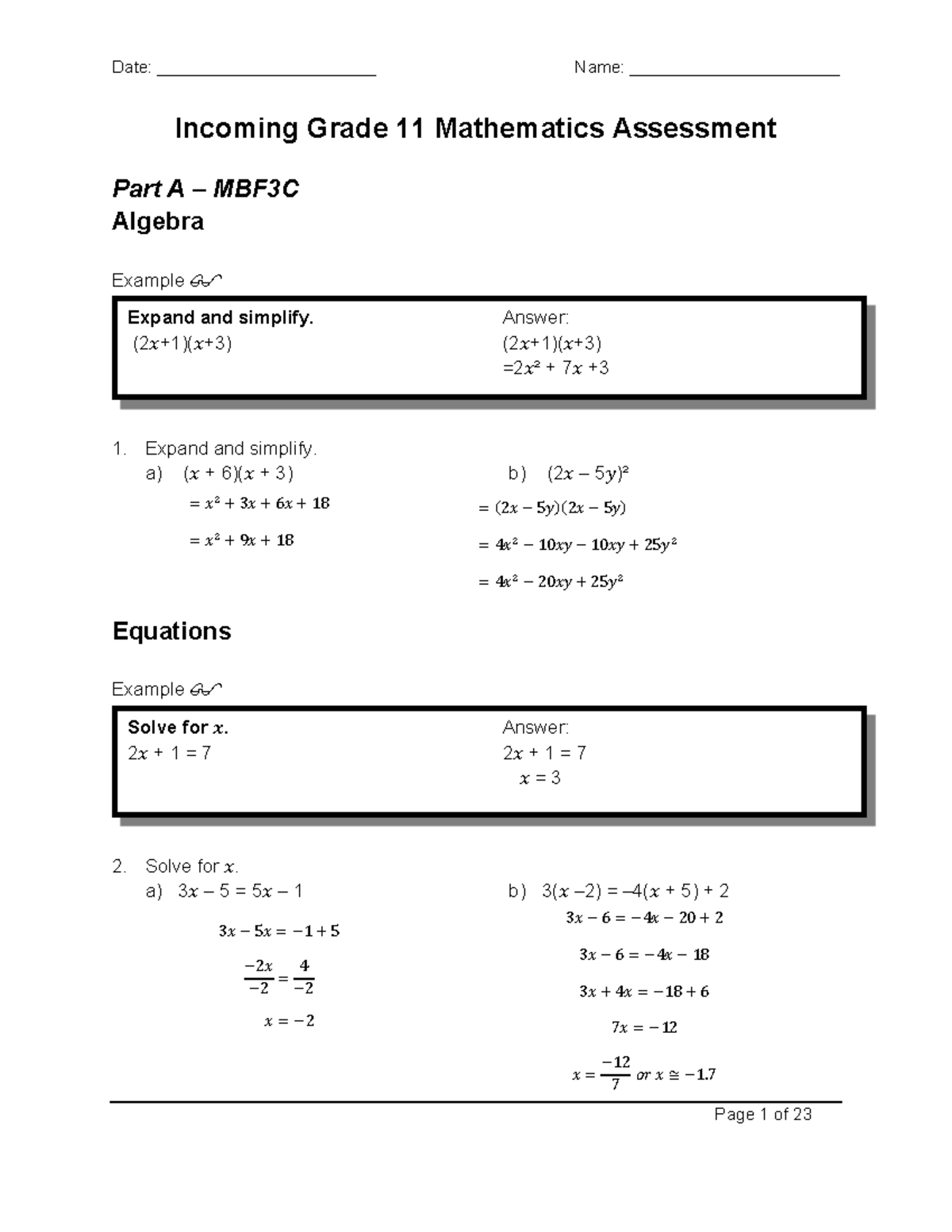 Grade 11 Math Assessment Solutions: MBF3C & MCF3M/MCR3U - Studocu