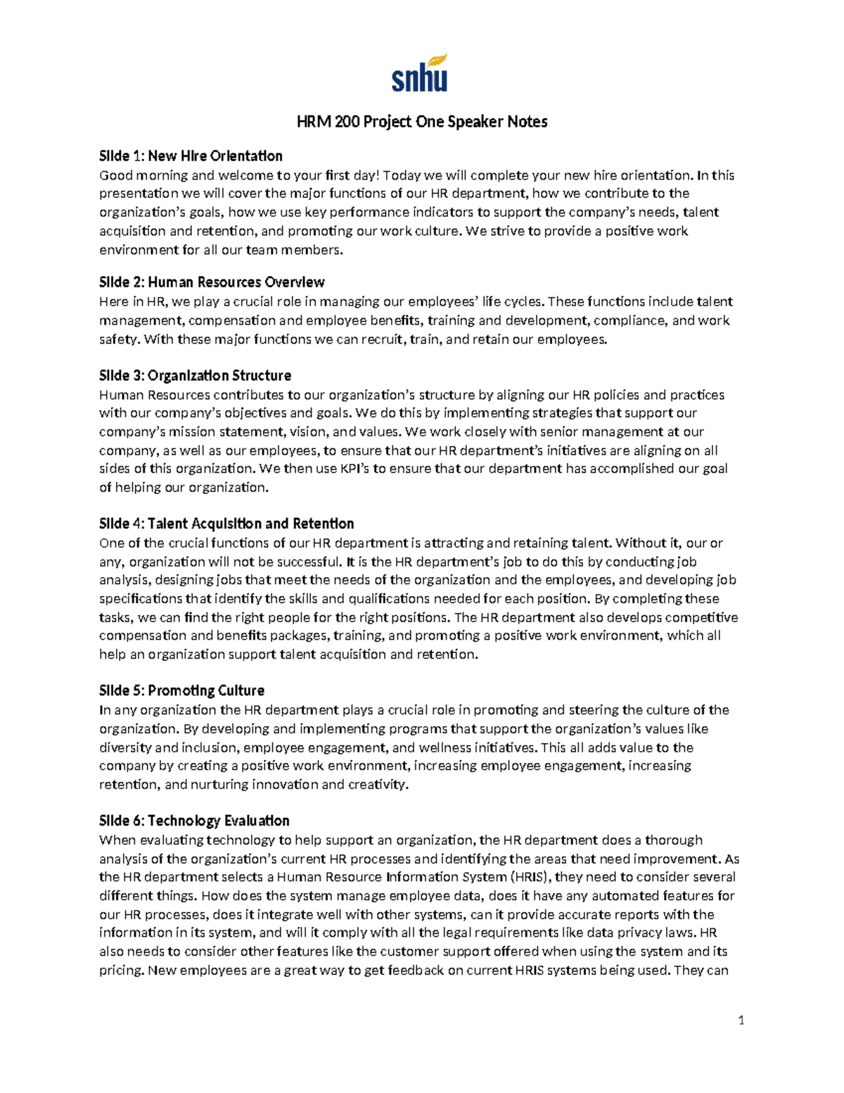 HRM 200 Project One Orientation Speaker Notes for New Hires - Studocu
