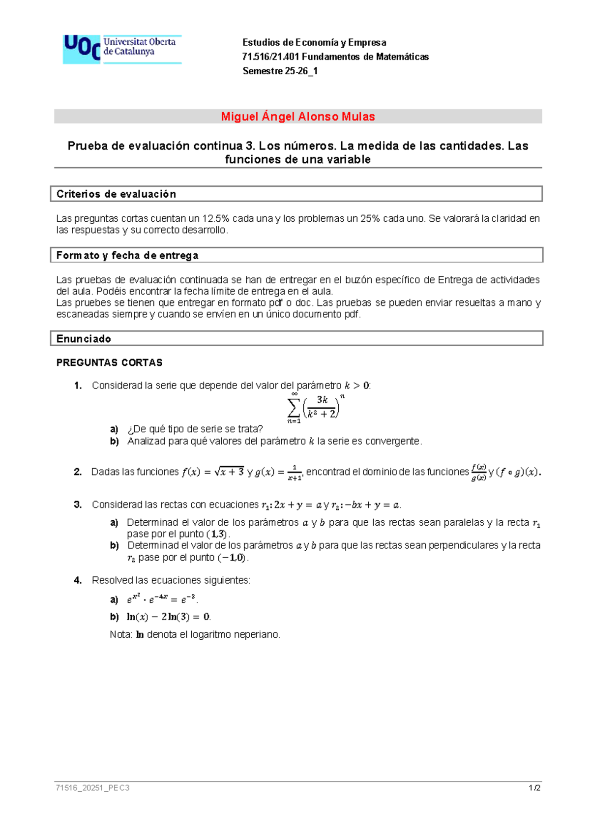 PEC 3 - Fundamentos de Matemáticas: Evaluación Continua y Problemas ...