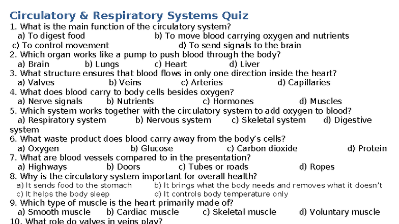 Circulatory & Respiratory Systems Quiz 1: Key Concepts and Questions ...