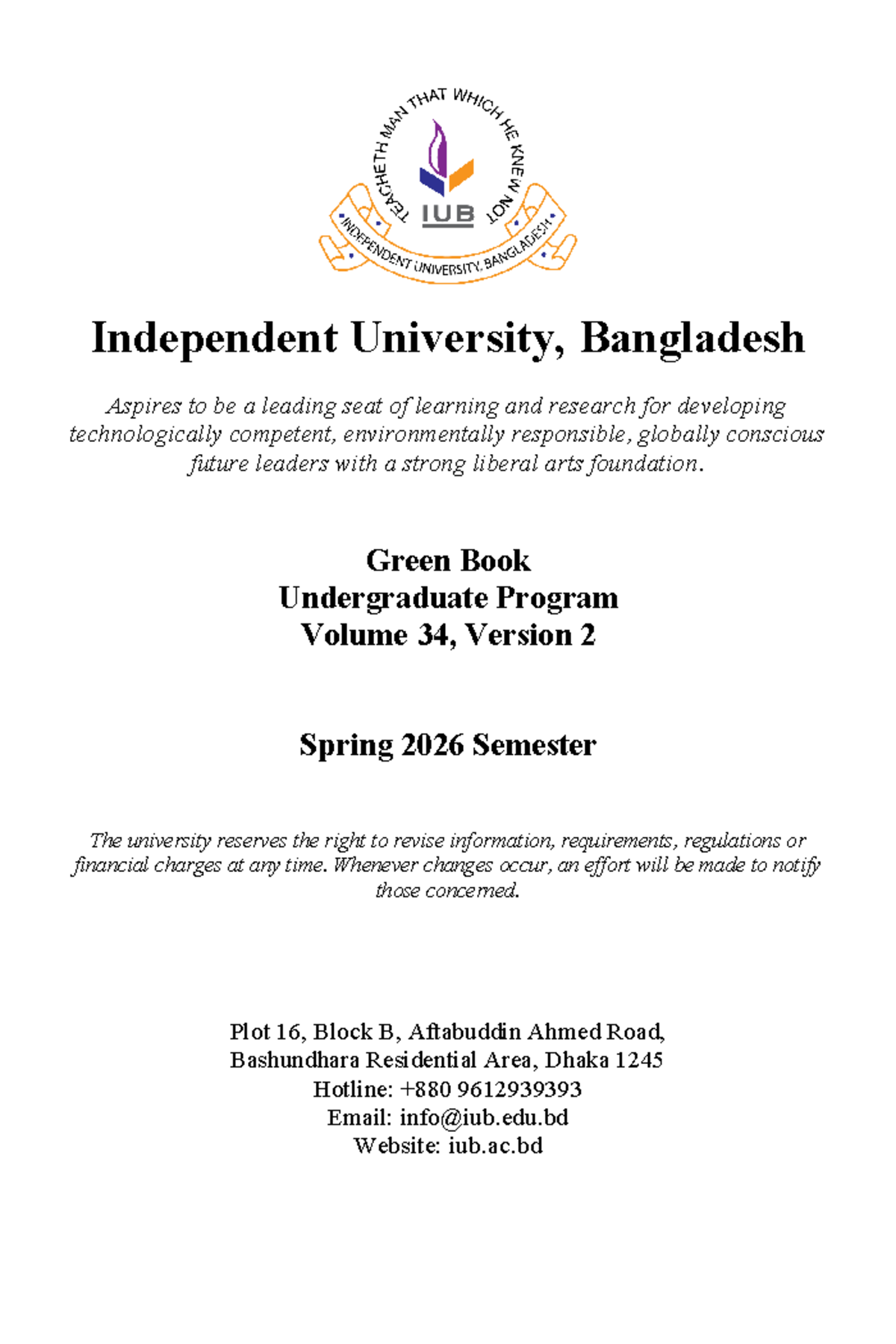 IUB Green Book: Undergraduate Program Spring 2026 Edition - Studocu