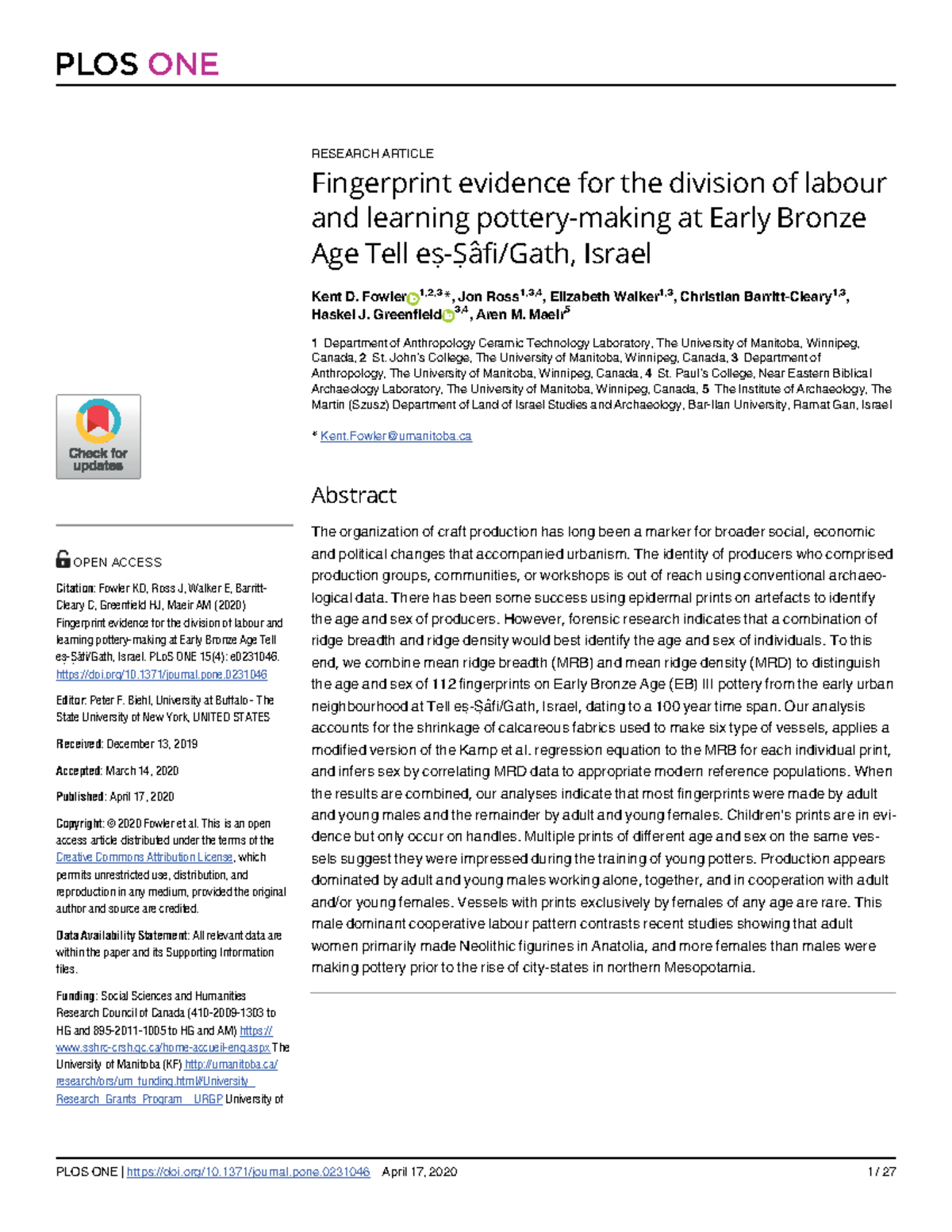 Fingerprint Evidence for Division of Labour in Early Bronze Age Tell ...