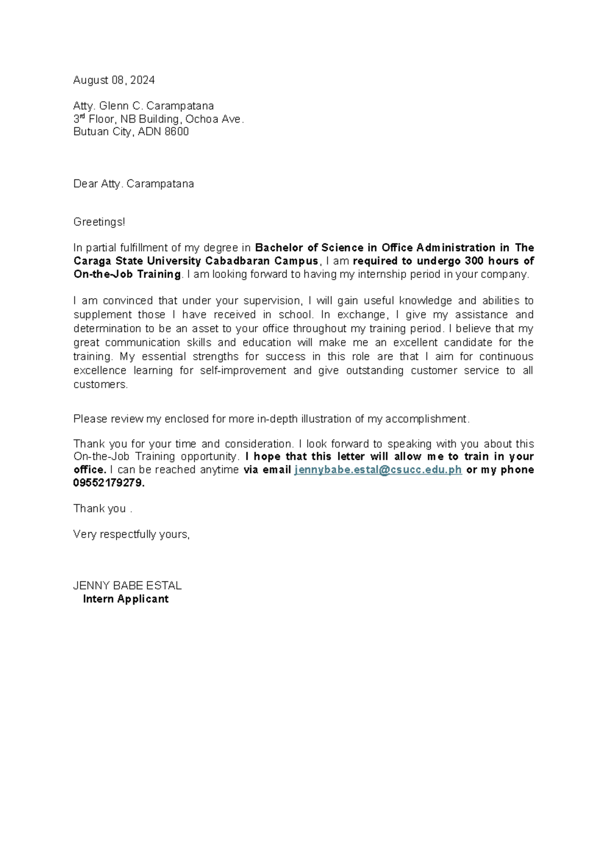 Cover Letter for Internship Application - Jenny Babe, BSA Program - Studocu