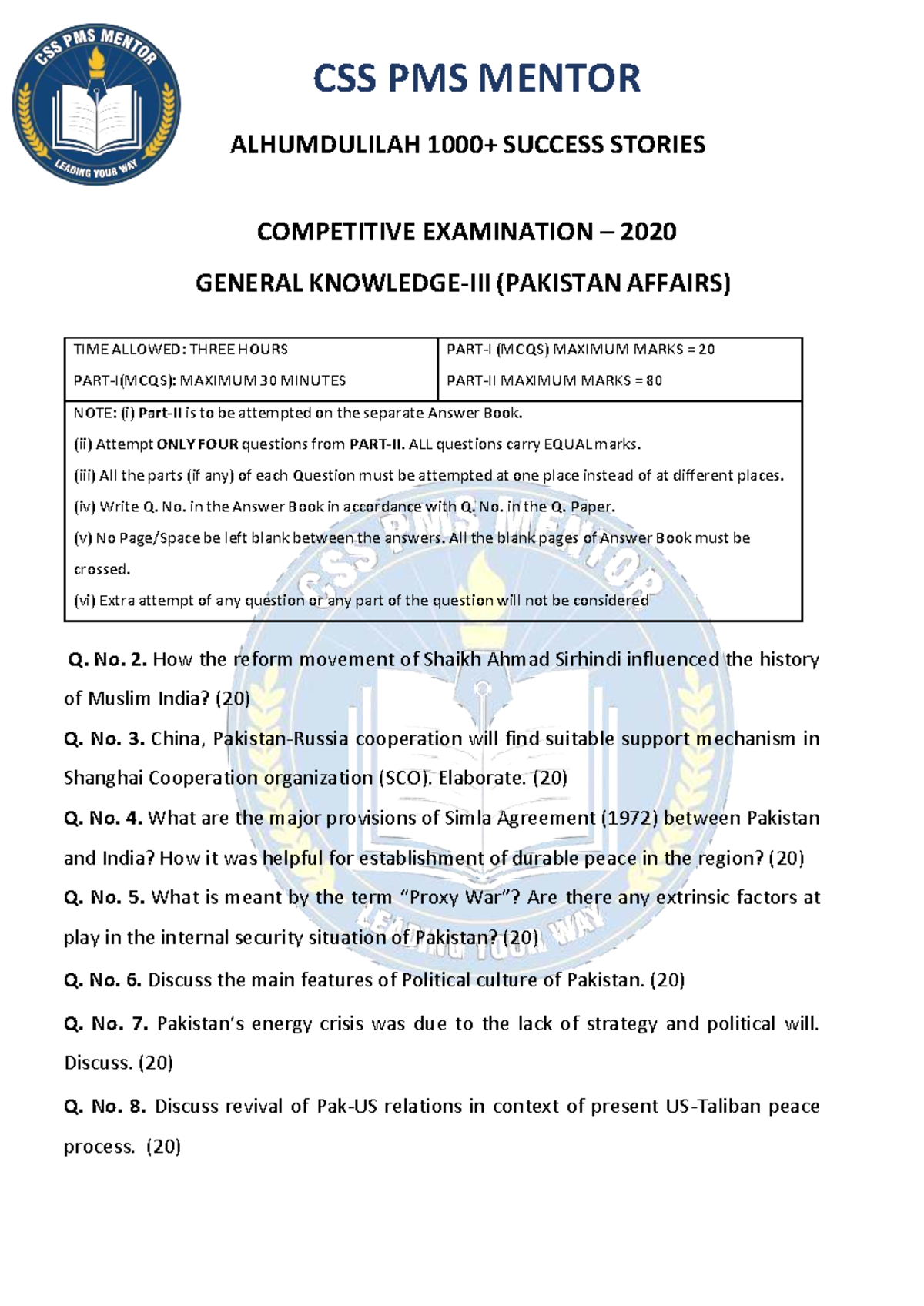 CSS PMS 2020-2023 General (Pakistan Affairs) Past Exam Papers - Studocu