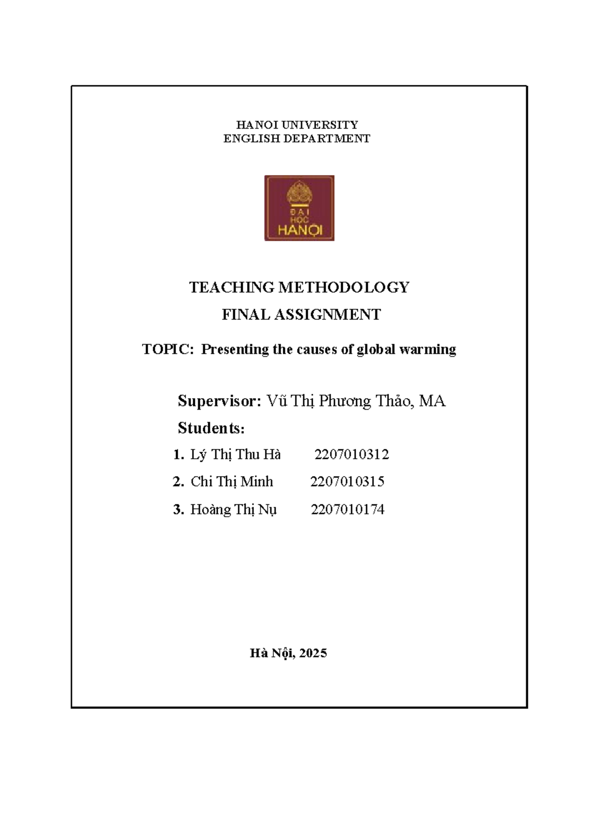 HANOI UNIVERSITY ENGLISH DEPARTMENT TEACHING METHODOLOGY FINAL ...