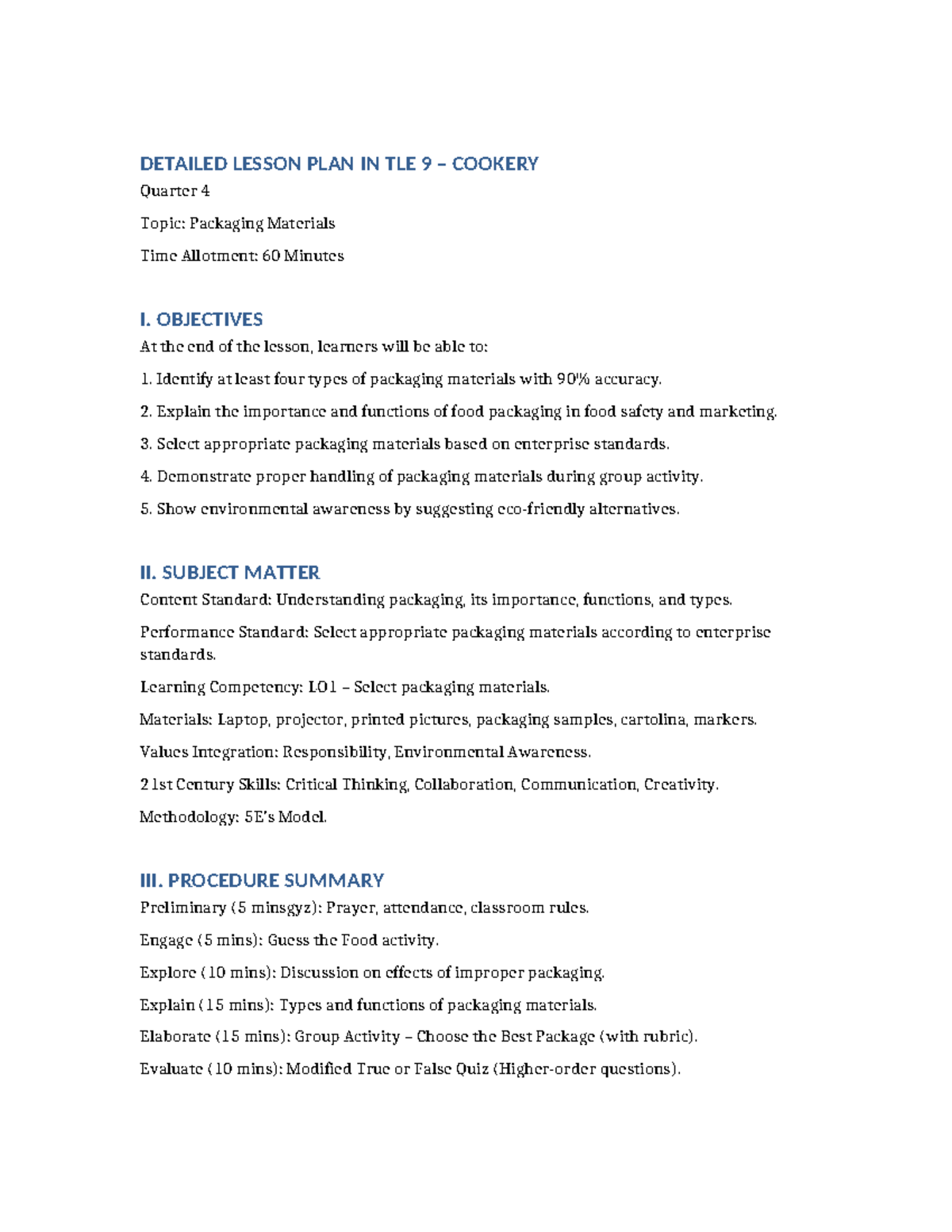 TLE 9 Cookery Lesson Plan: Packaging Materials & Food Safety - Studocu