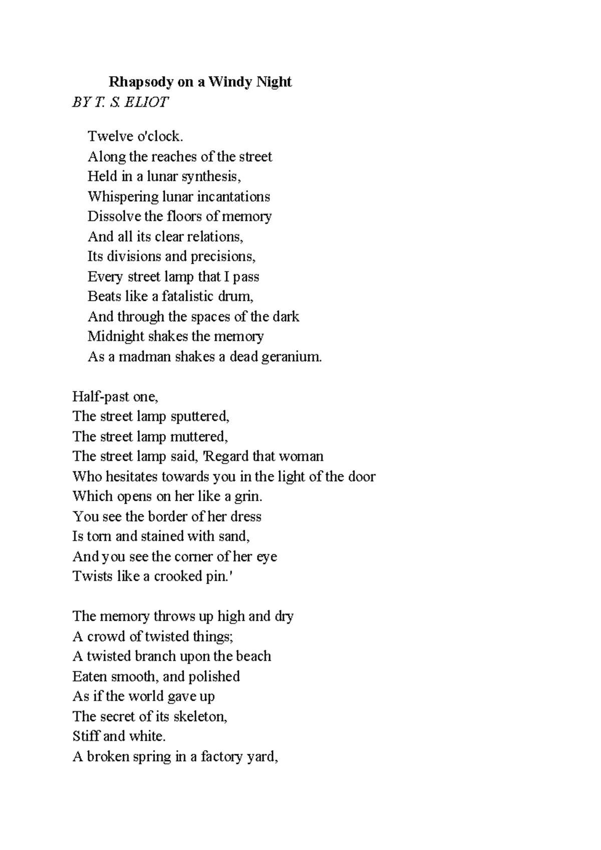 Rhapsody on a Windy Night: An Analysis of T.S. Eliot's Poem - Studocu