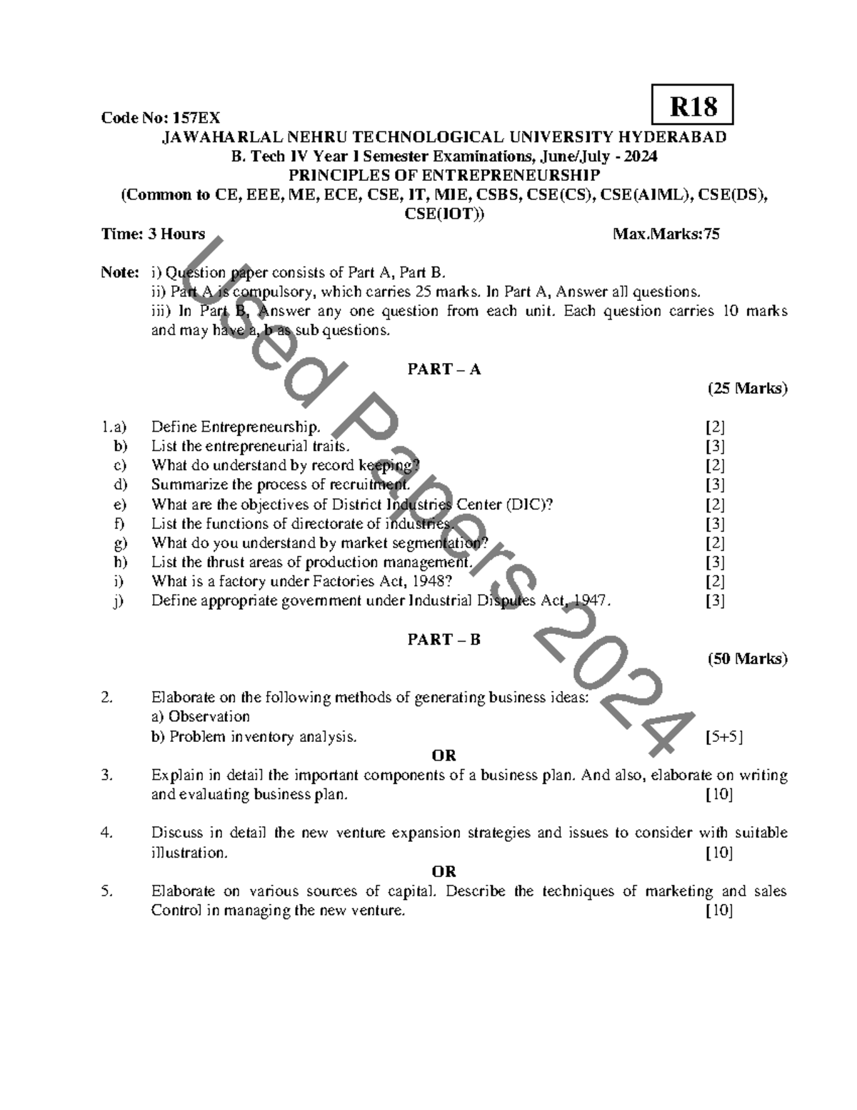 R18 157EX B.Tech IV Year I Sem 2024 Principles of Entrepreneurship ...