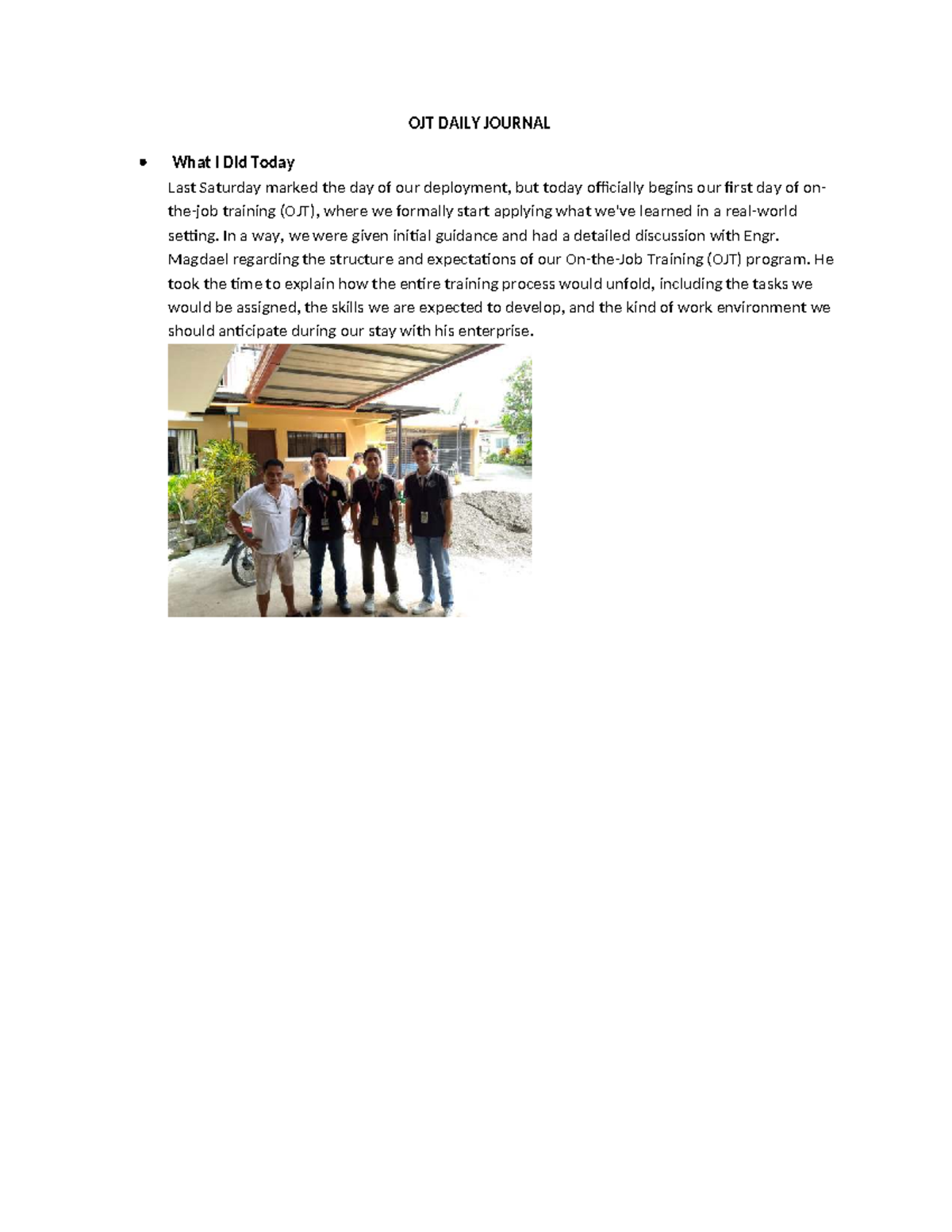 OJT Daily Journal: First Day of Training Insights and Expectations ...