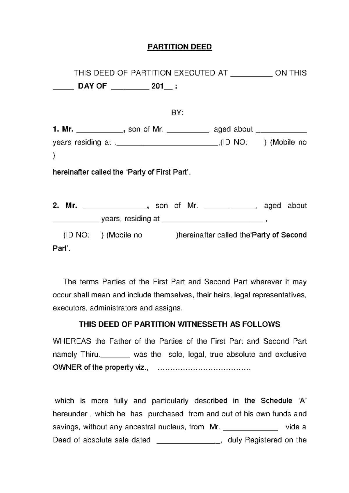 Partition Deed Template for Legal Property Division - Studocu