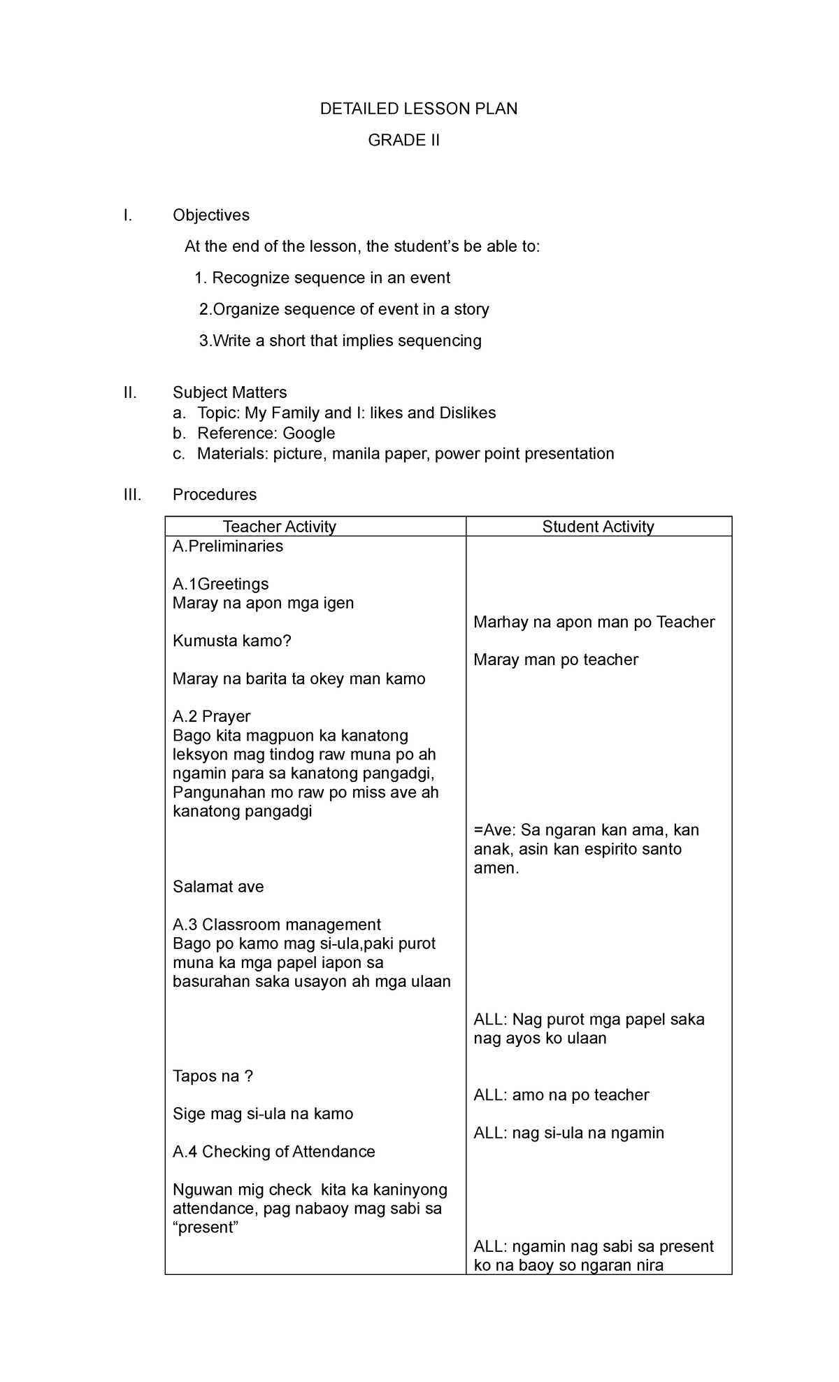Detailed Lesson Plan for Grade II: Sequencing Events - Studocu