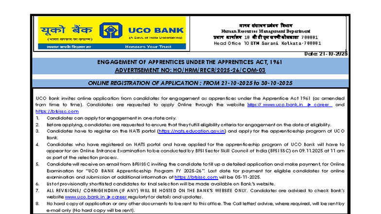 UCO Bank Apprenticeship Engagement 2025-26 Notification - Studocu