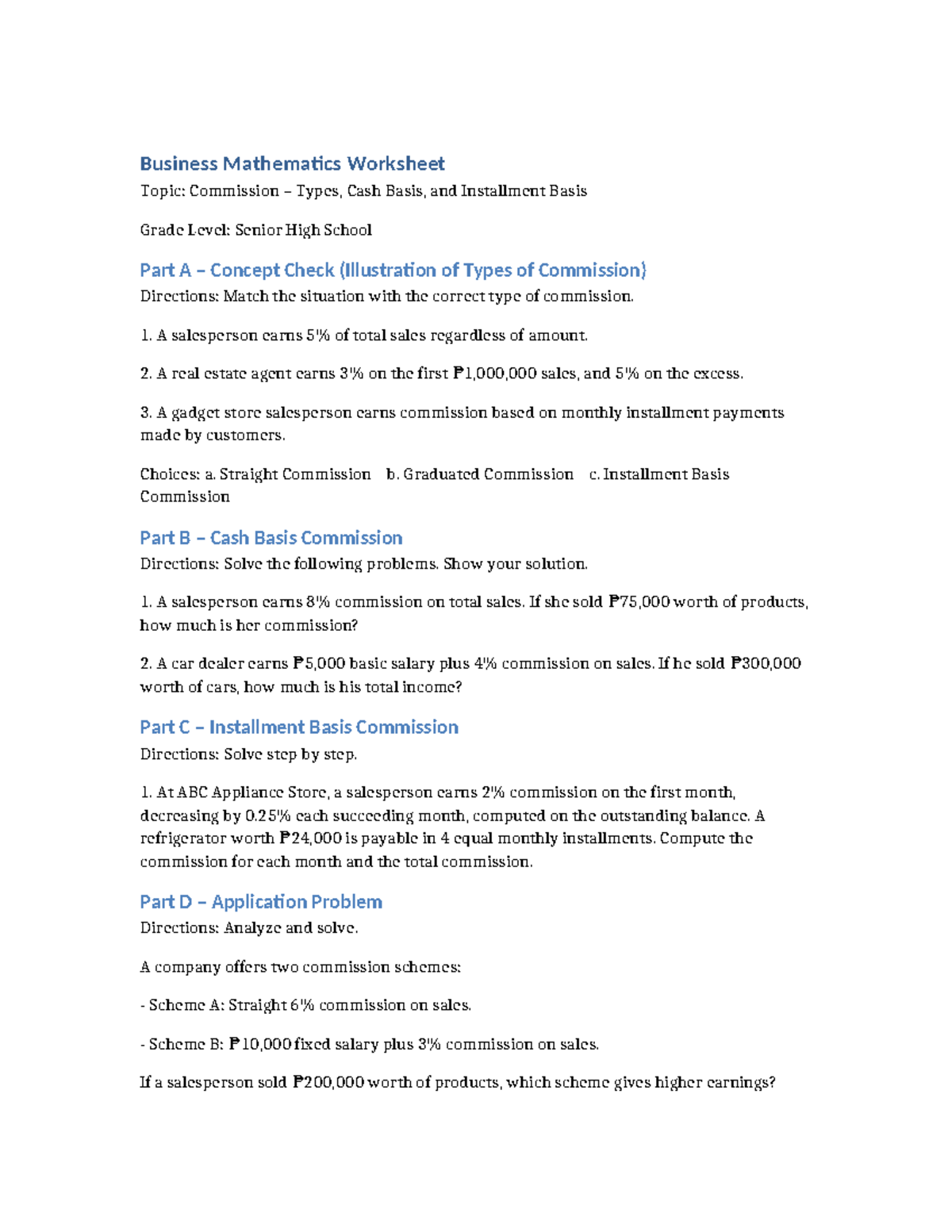 Business Math Worksheet: Commission Types & Cash Basis Analysis - Studocu