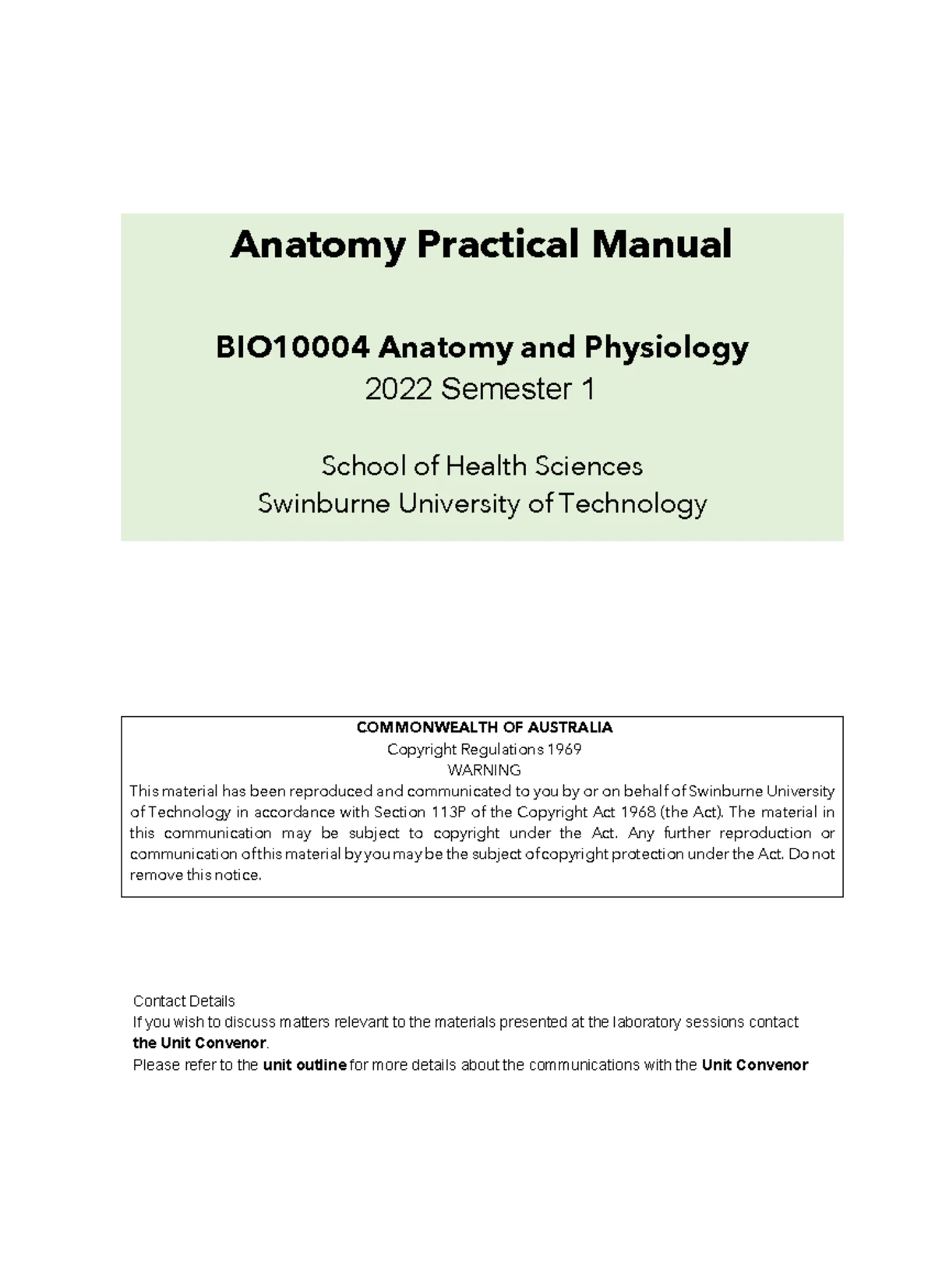 BIO10004 - Semester 1 Pre-Lab Worksheet: Anatomy & Physiology Practical ...