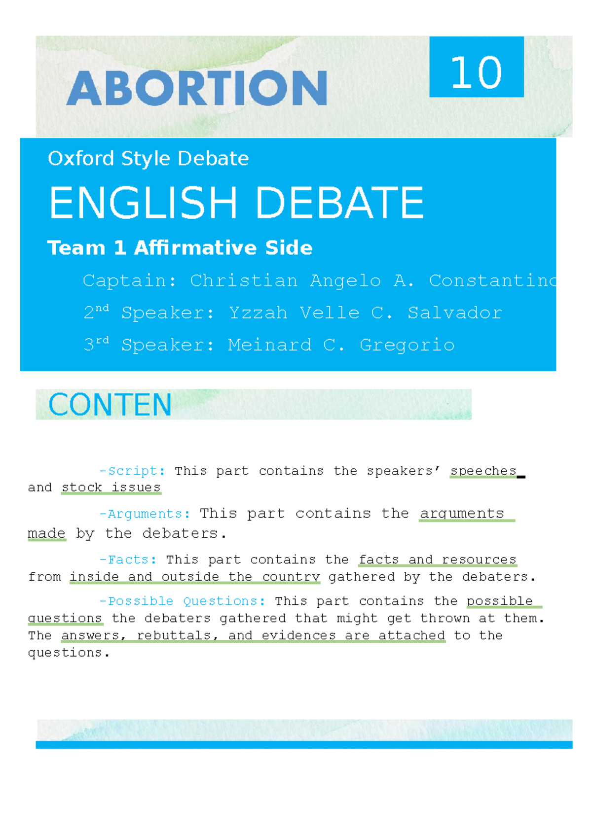 English 101 - Affirmative Debate on Abortion: Team Insights and ...