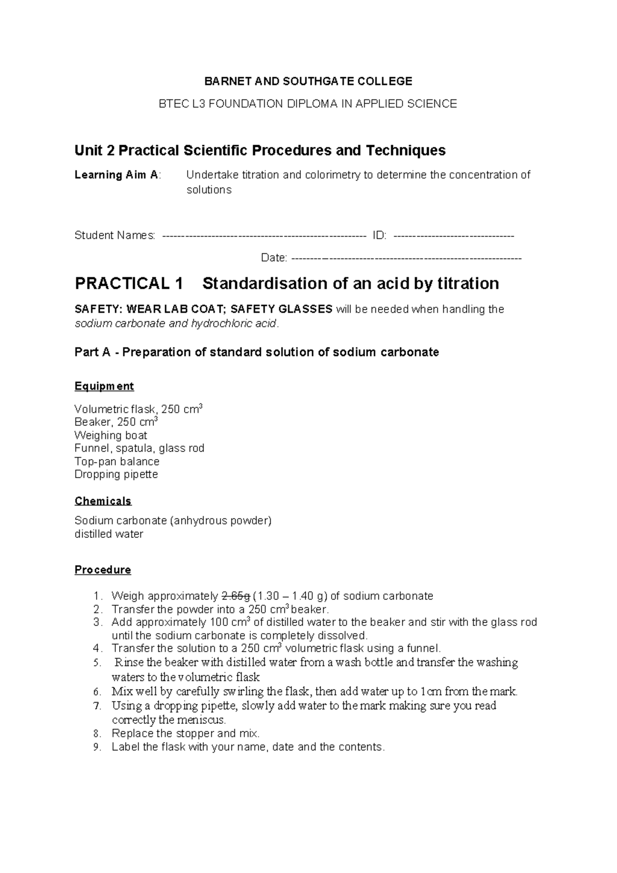 BTEC L3 Applied Science Unit 2: Acid Titration & Colorimetry Practical - Studocu