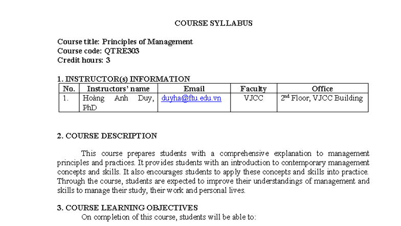 Syllabus for Principles of Management QTRE303 at CLC FTU - Studocu