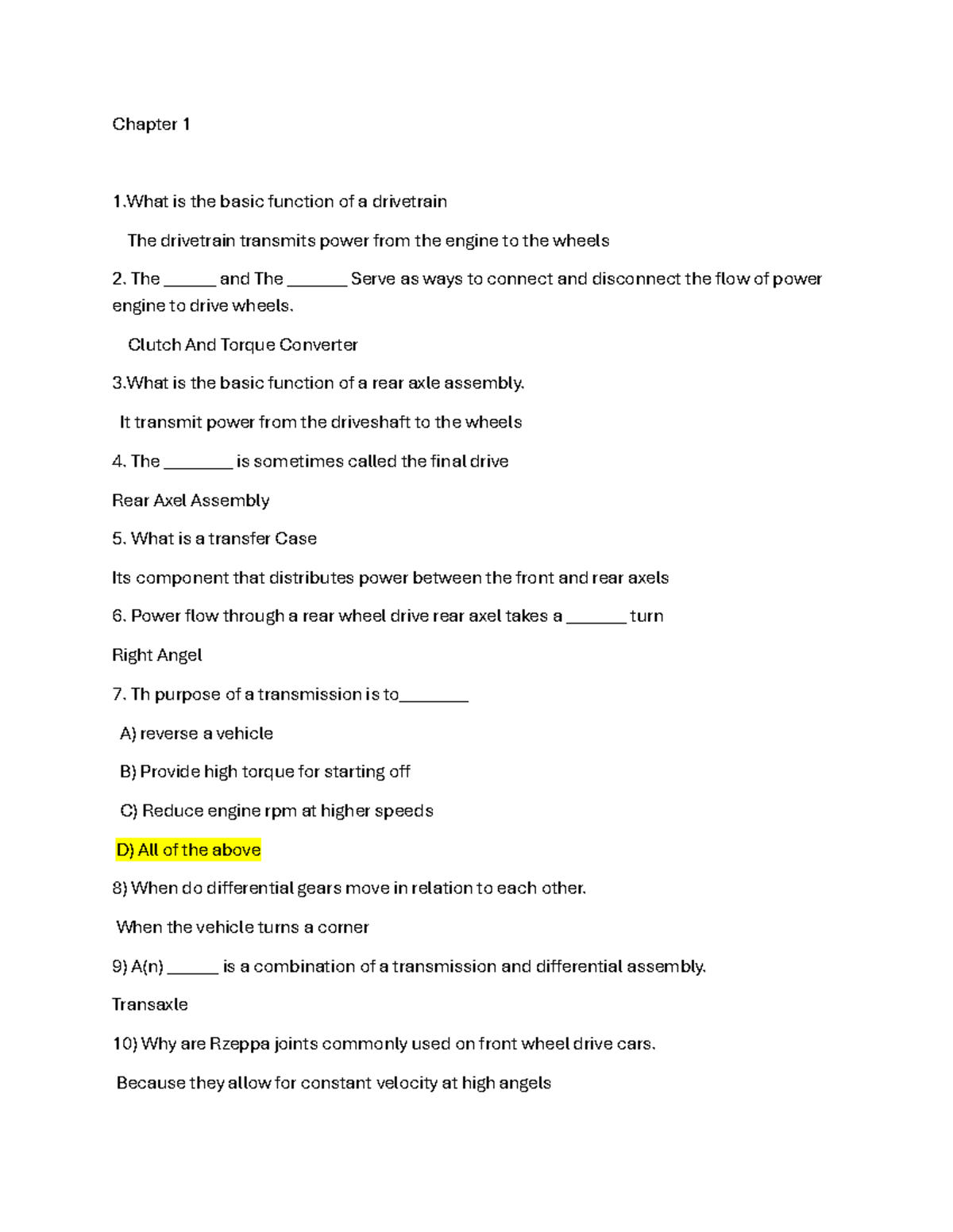 Chapter 1 - Drivetrain Basics and ASE Type Questions - Studocu