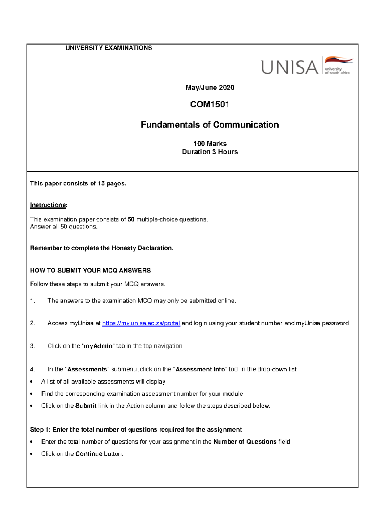 COM1501 June 2020 Exam - Multiple Choice Questions Guide - Studocu