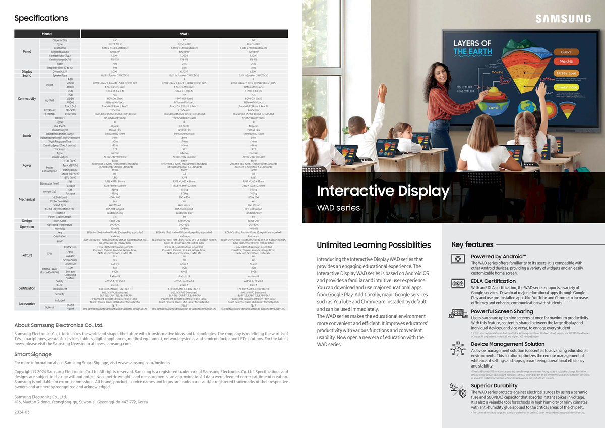 Samsung WAD Series Interactive Display Specifications & Features - Studocu