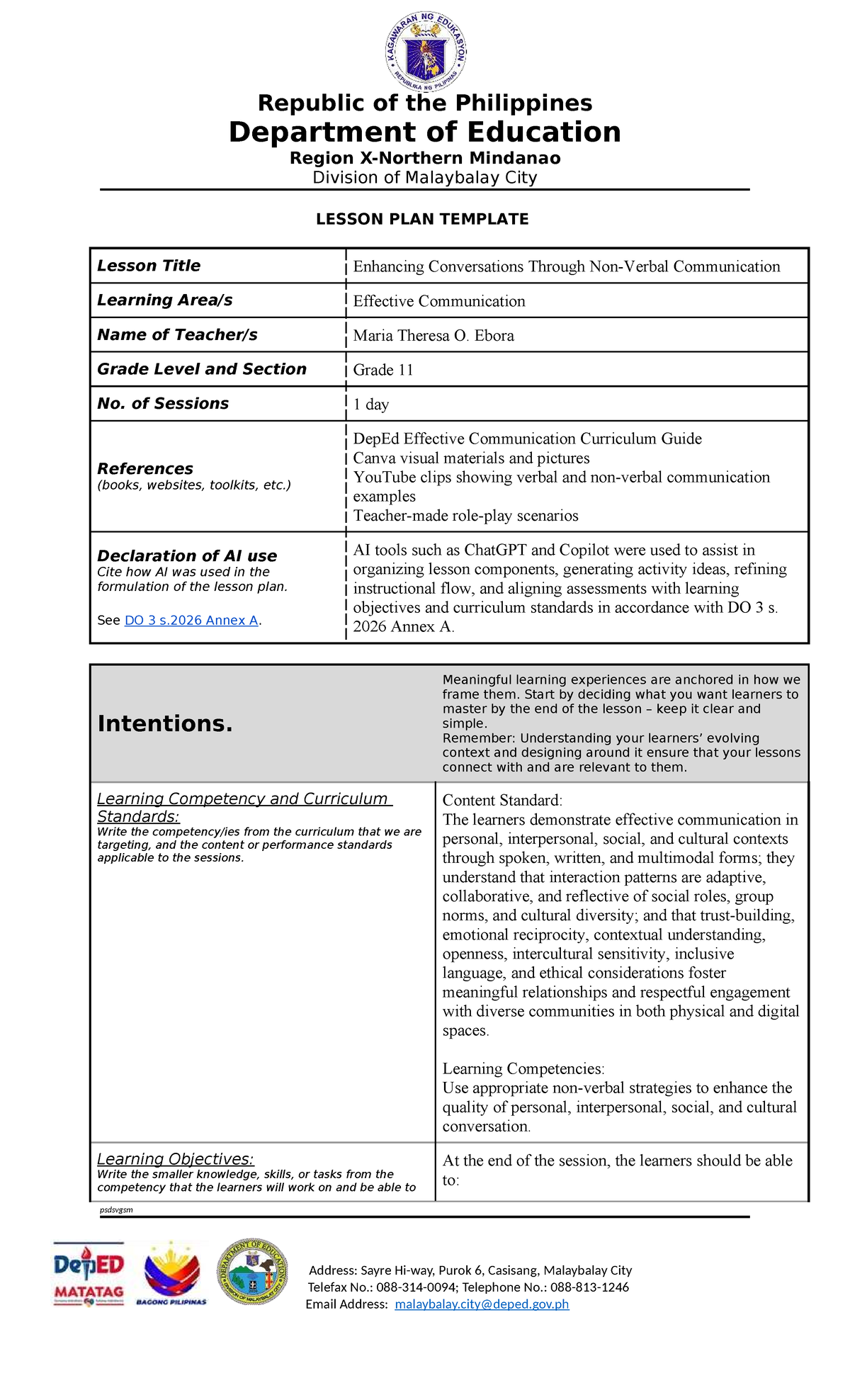 Grade 11 ILAW Lesson Plan: Enhancing Conversations Through ...