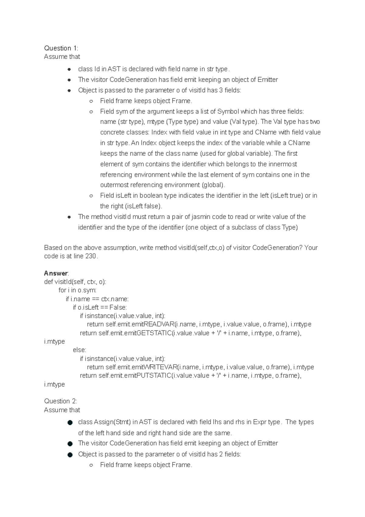Seq Control-Programming Code - Question 1: Assume that class Id in AST is declared with field ...
