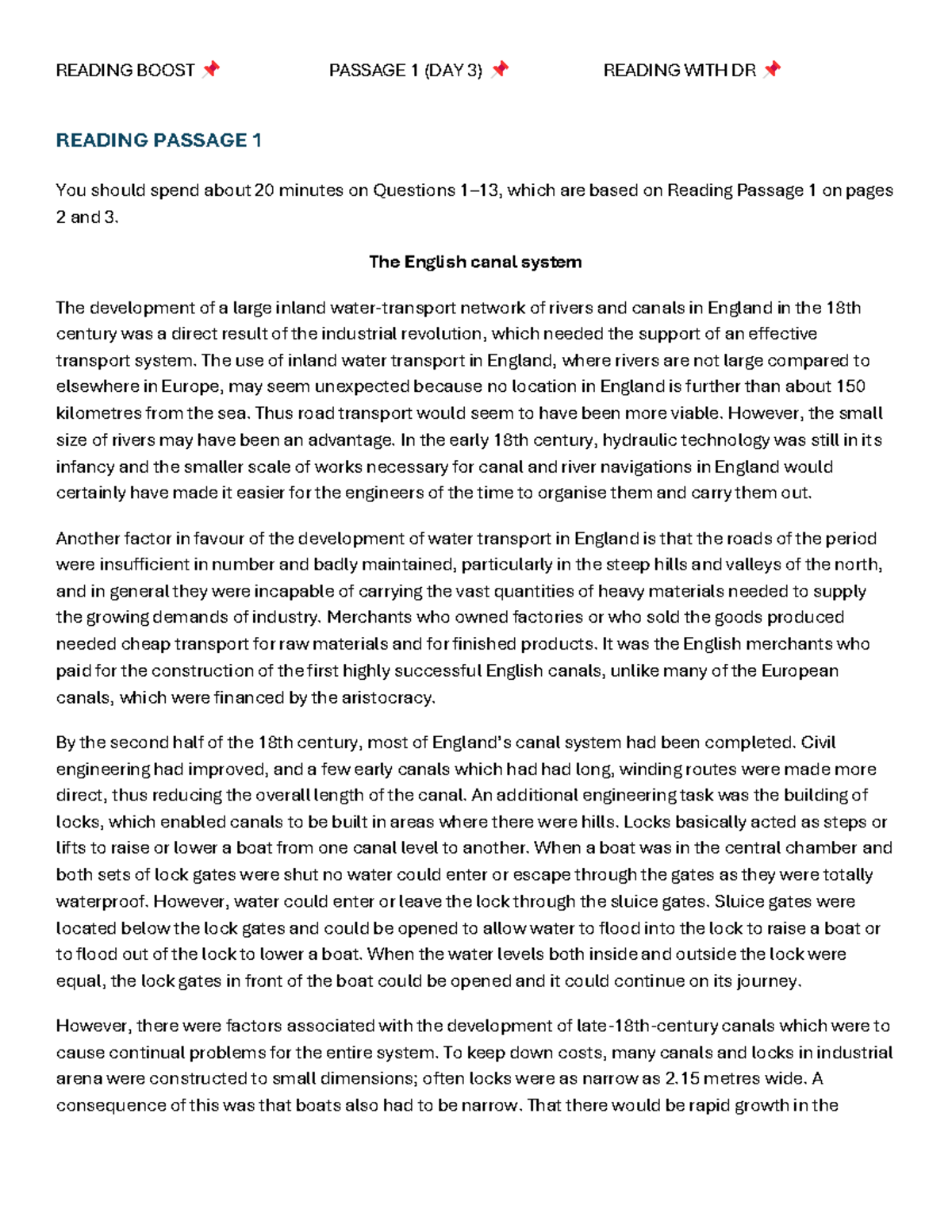 DAY 3 - IELTS Reading Passage 1: The English Canal System - Studocu