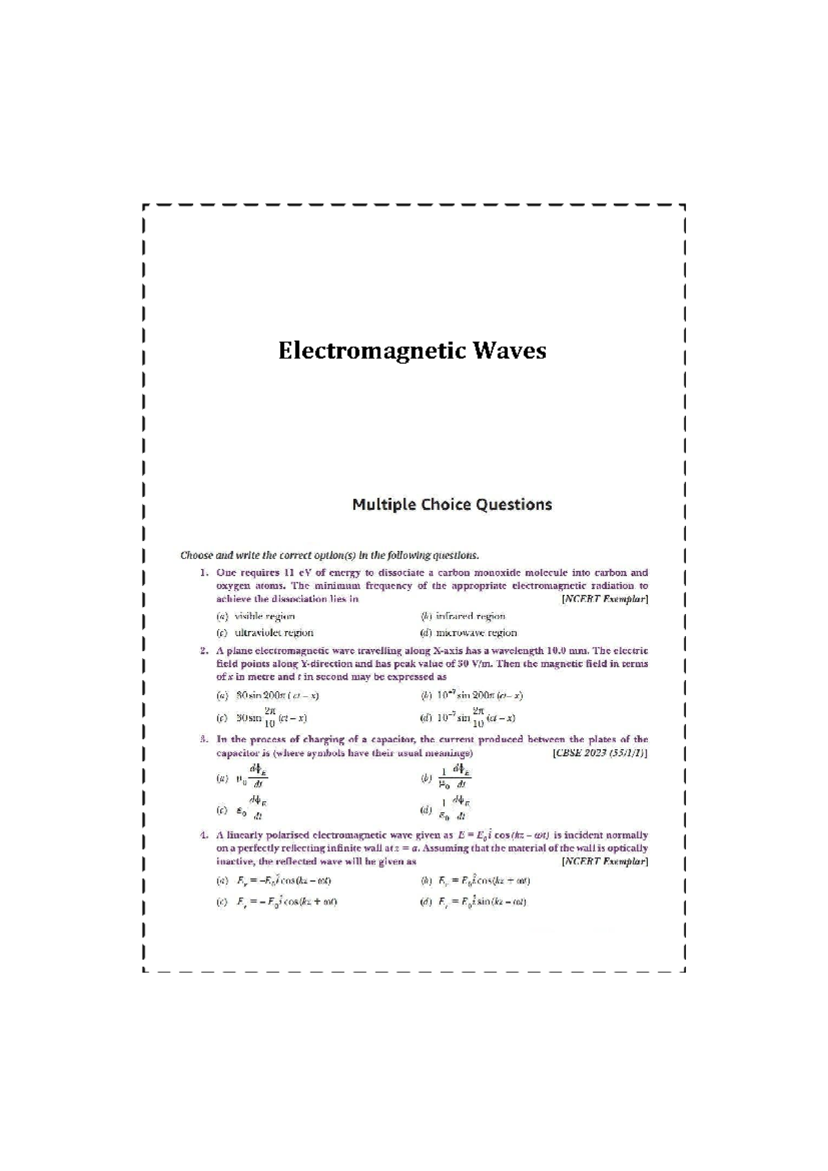 Electromagnetic Waves MCQs and Conceptual Questions (PHYS 101) - Studocu