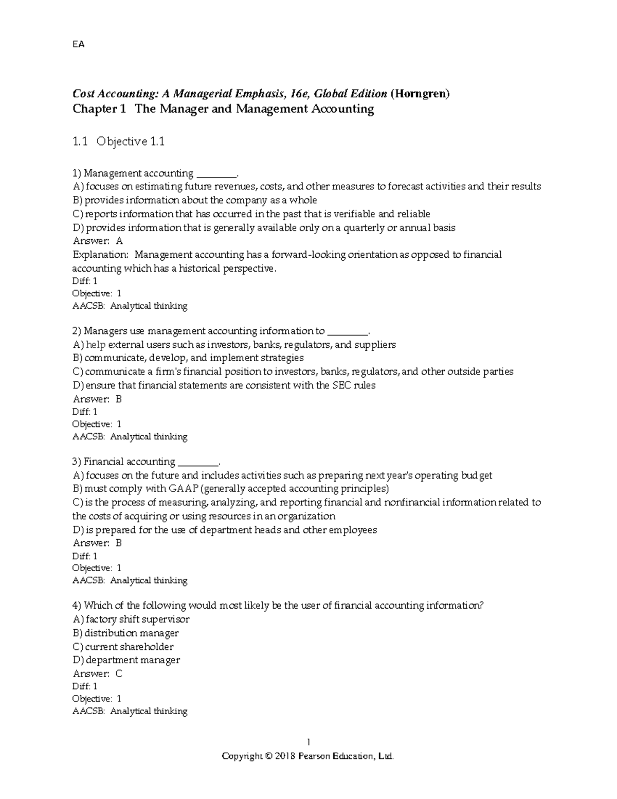 Test Bank - Chapter 1: The Manager & Management Accounting (ACCT 101 ...