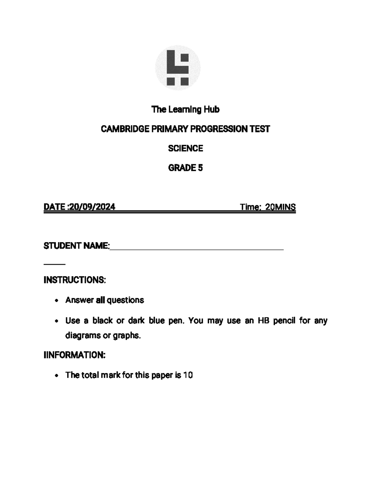 Cambridge Primary Progression Test Science Grade 5 - Homework - Studocu