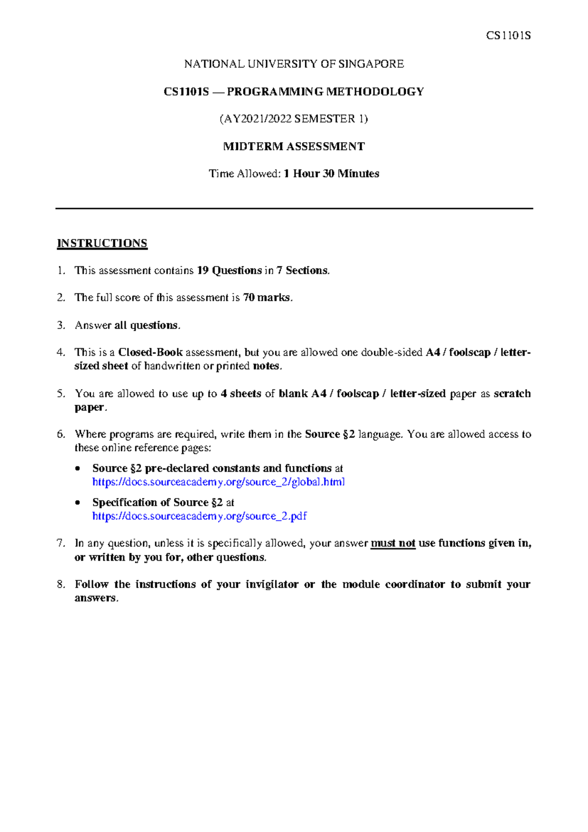 CS1101S Midterm Assessment 2122s1 - Programming Methodology Exam - Studocu