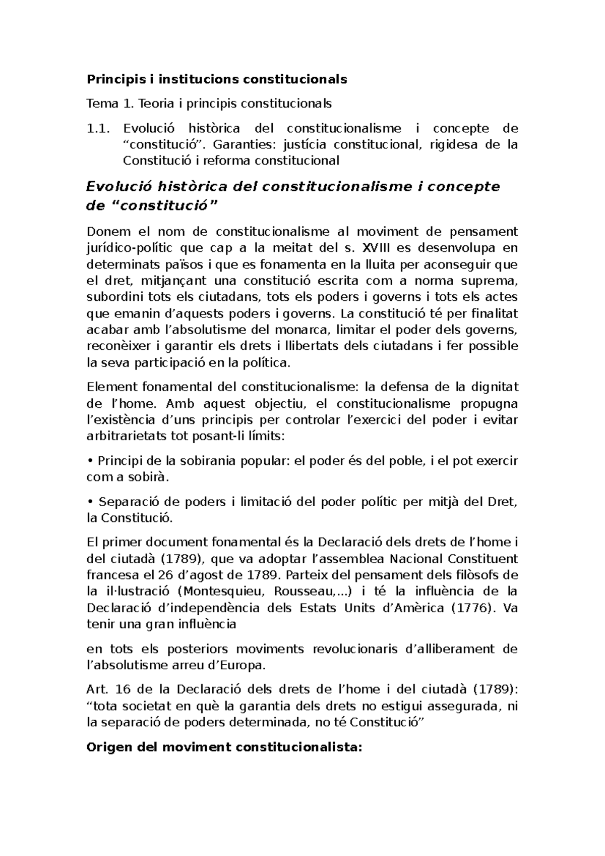 Apunts consti - Principis i institucions constitucionals Tema 1. Teoria i principis ...