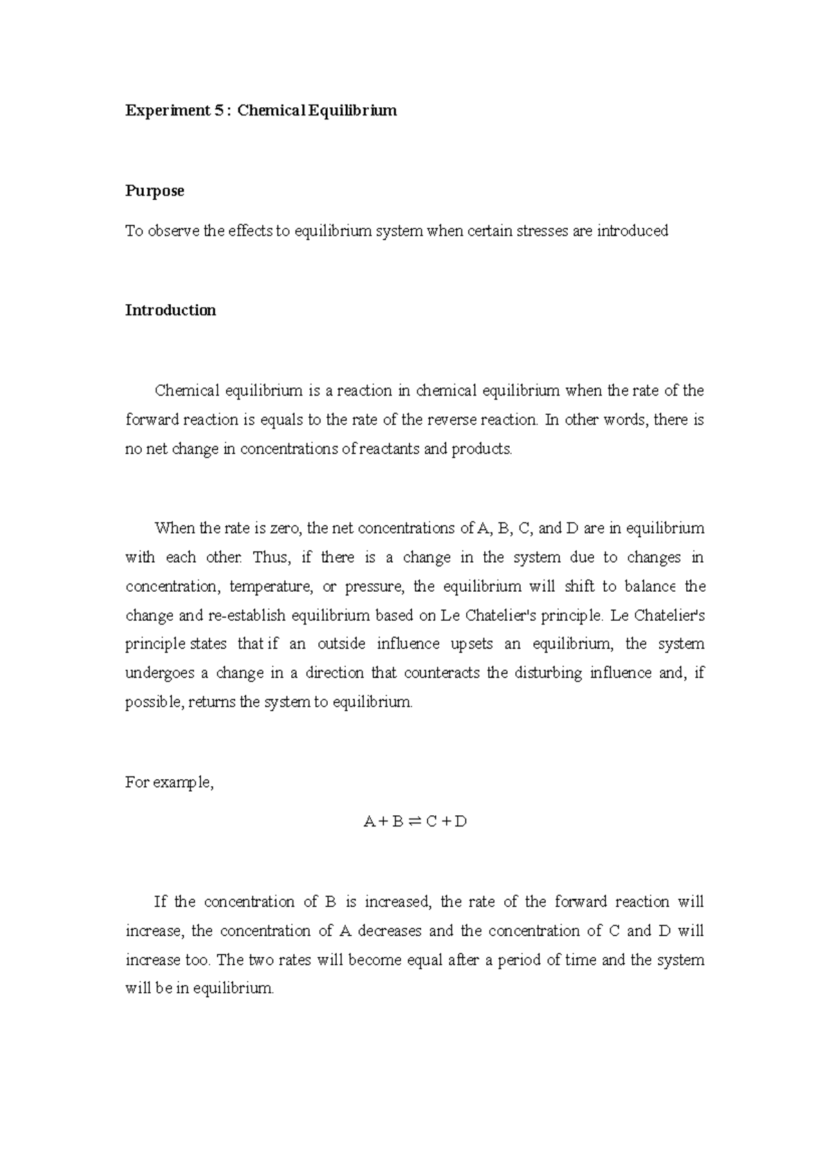 CHM420 Laboratory Report on Chemical Equilibrium - Experiment 5 - Studocu