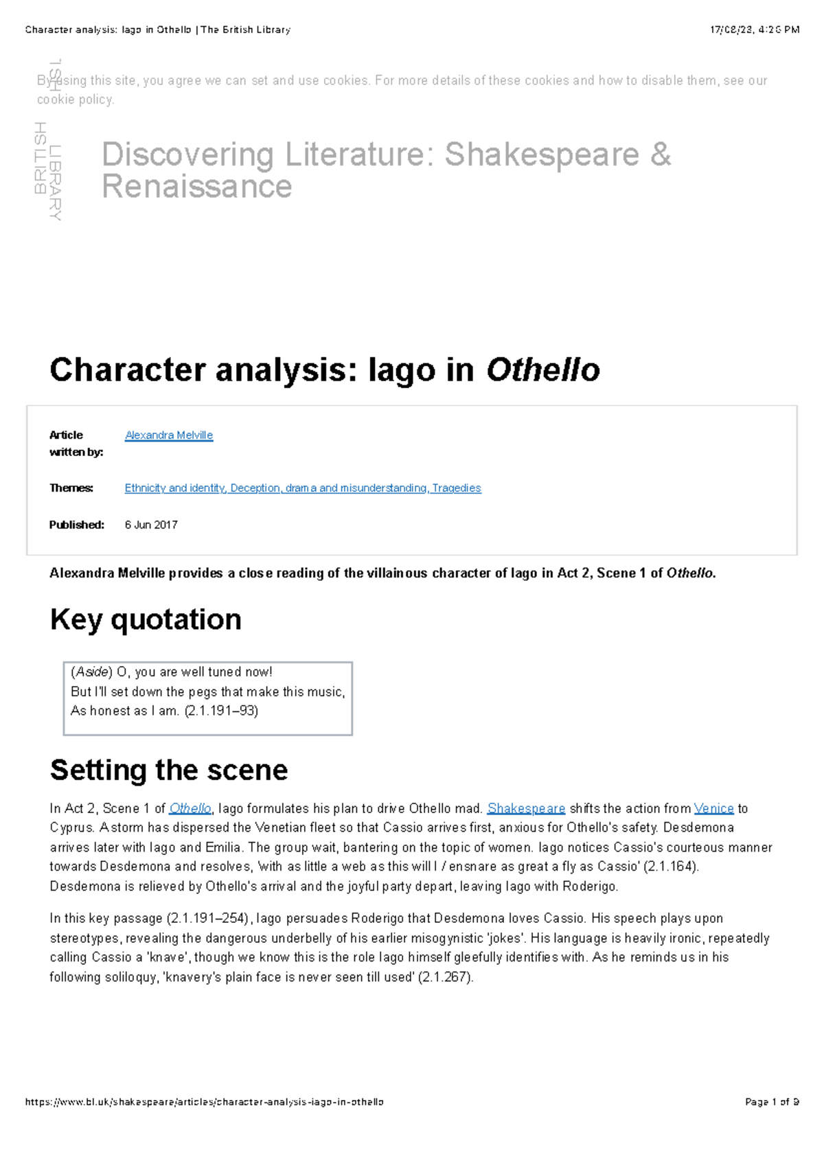 Character analysis: Iago in Othello The British Library - For more ...