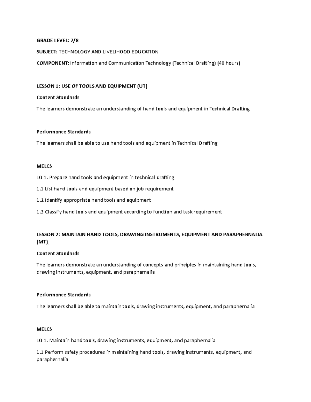 TLE ICT Melcs - GRADE LEVEL: 7/ SUBJECT: TECHNOLOGY AND LIVELIHOOD ...