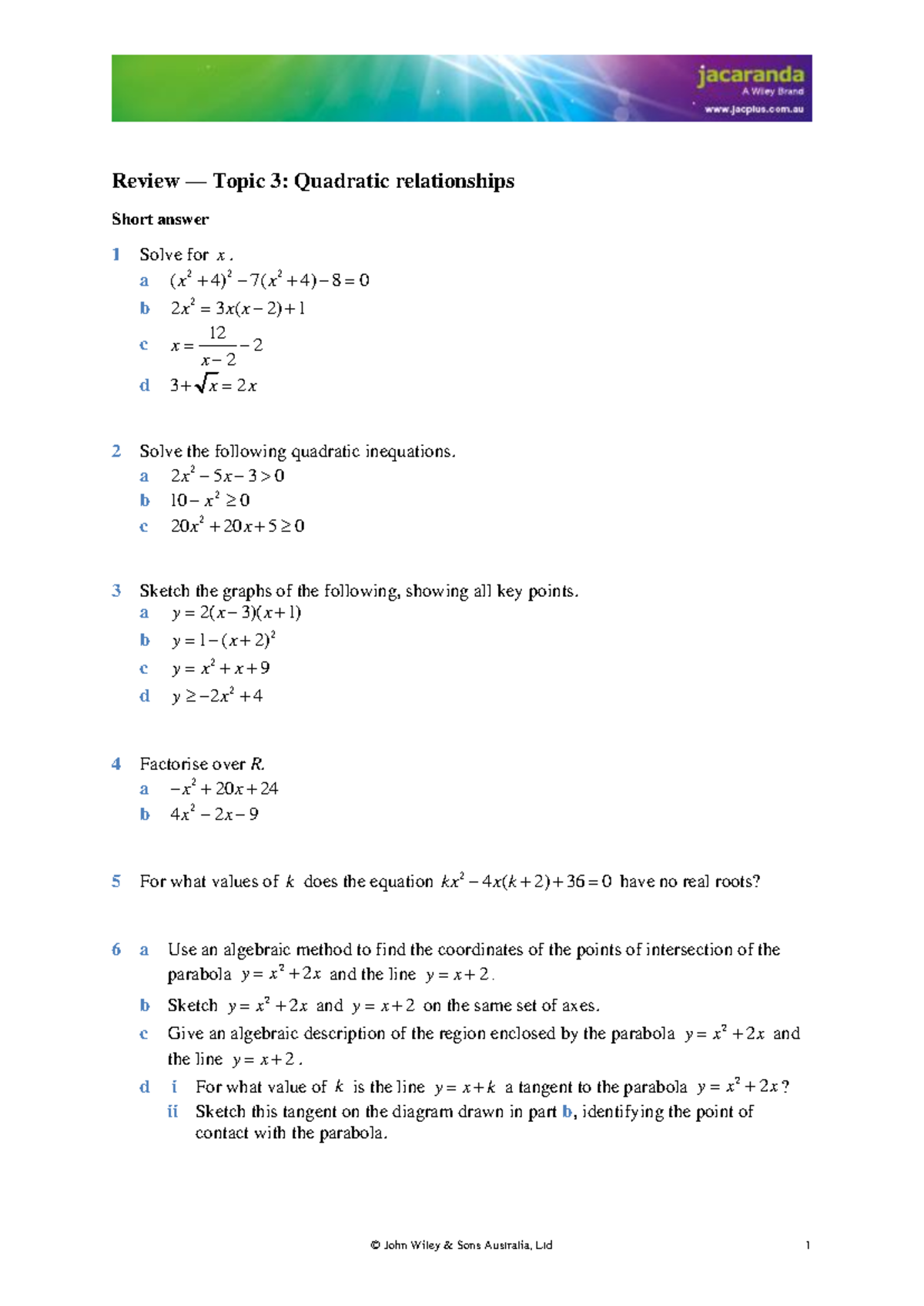 Quadratic relationships - Review — Topic 3 : Quadratic relationships ...